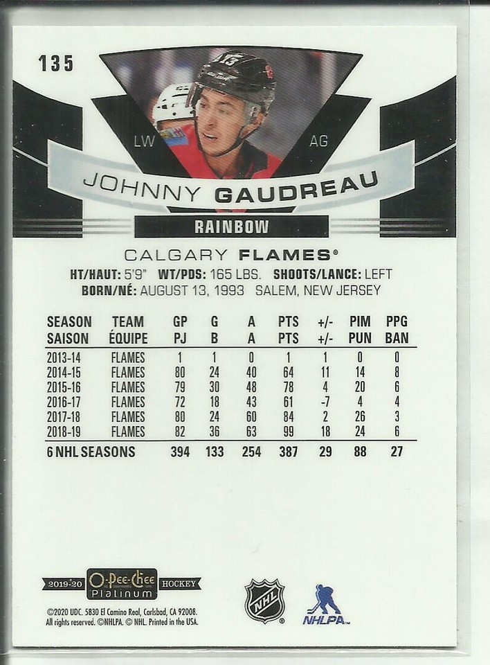 2019-20 O-Pee-Chee Platinum Rainbow #135 Johnny Gaudreau Calgary Flames ...