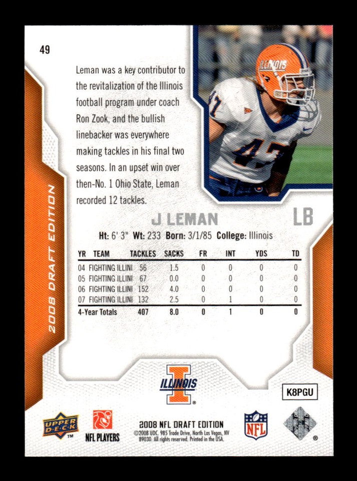 2008 Upper Deck Draft Edition J Leman #49 RC | eBay