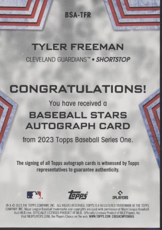 2023 Topps #BSA-TFR Tyler Freeman Baseball Stars Autographs (Series One ...