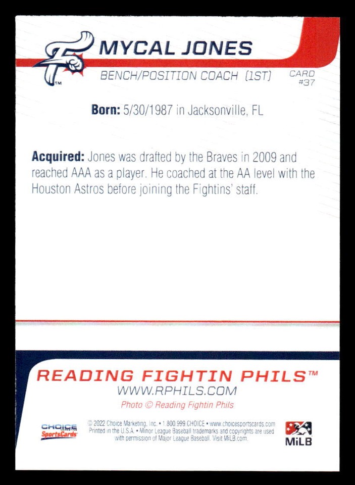 Mycal Jones 2022 Choice Reading Fightin Phils #37 Reading Fightin Phils ...