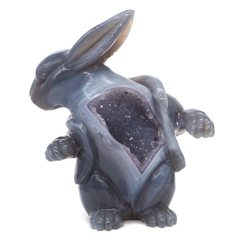 5" Rabbit Natural Gemstone Gray Agate Geode Crystal Carved Figurine ...