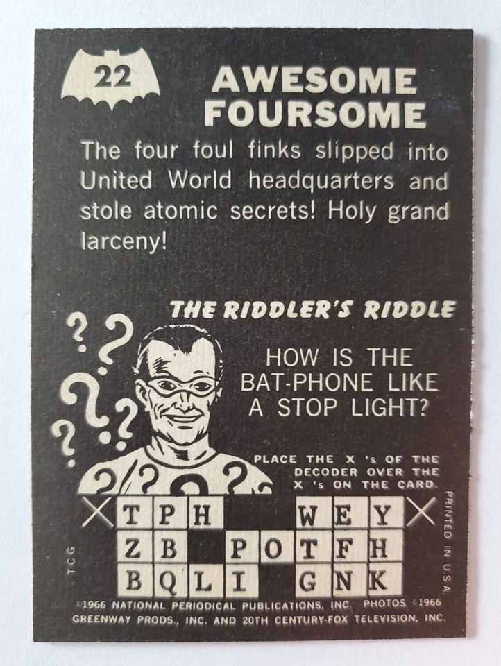 1966 Topps Batman Riddler Back Card Number 22 Joker Penguin Catwoman ...