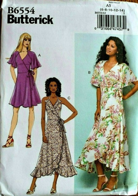 Butterick Sewing Pattern 6554 B6554 Halter Flutter Sleeve Wrap Dress 14 ...