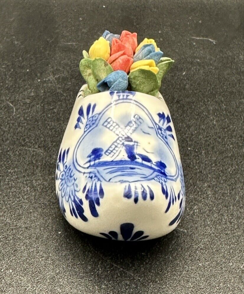 Hand-painted Delft Deco Holland Blue & White Porcelain Clog w/ Tulips ...