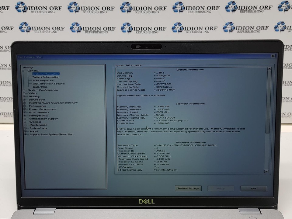 DELL LATITUDE 5511 i7 10850H 2.70 GHz 16 GB RAM 256 GB SSD NO OS SKU ...