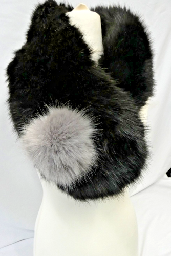 Helen Moore Black Faux Fur Keyhole Scarf With Grey Pompom Trim- Brand ...