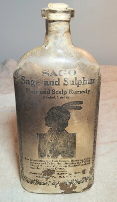 ANTIQUE SAGO SAGE AND SULPHUR HAIR AND SCALP REMEDY BOTTLE w/ WRAP ...