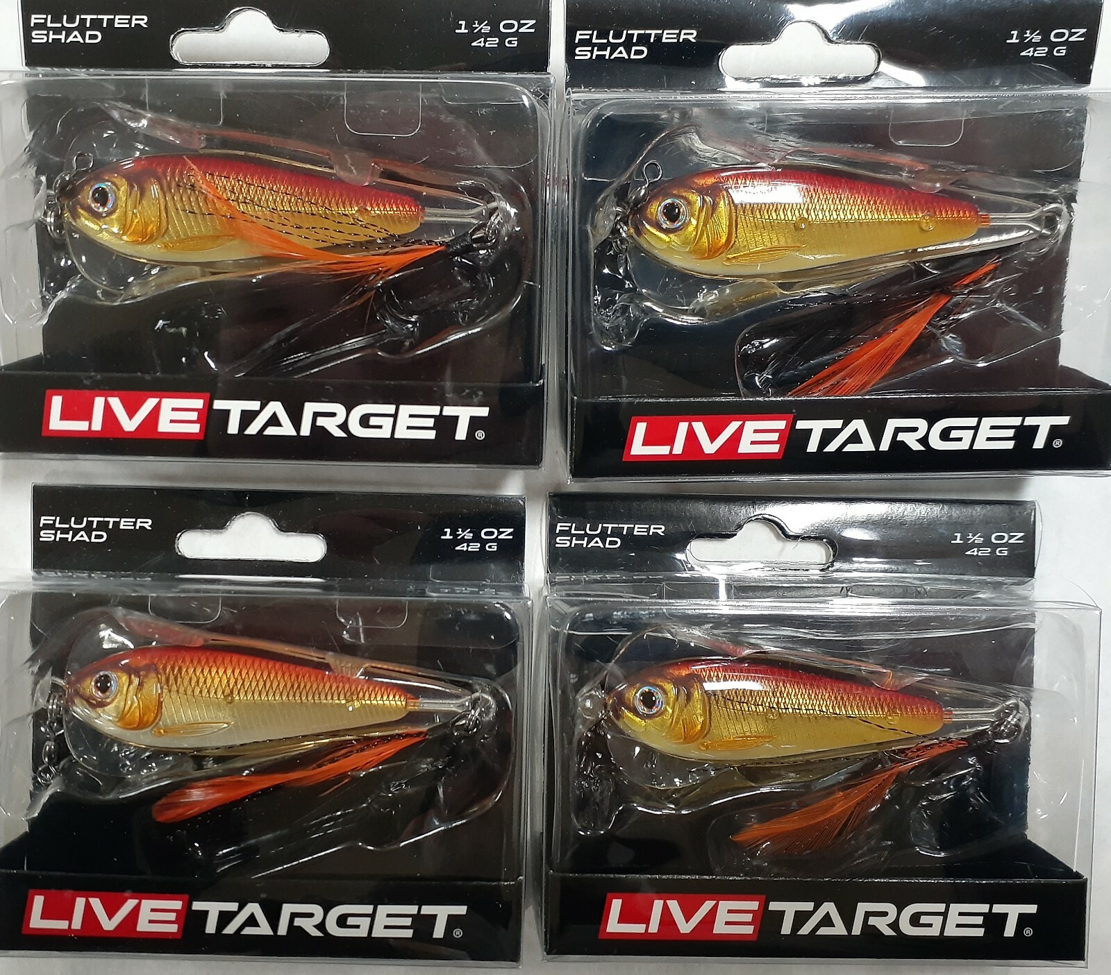 4 Packs, Live Target Flutter Shad 3", 1 1/2 oz Gold/Red, FSJ80SK223 ...