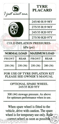 Commodore VE 19 & 20 Inch HSV R8 VE E2 & E3 Tyre Placard Decal - NEW ...