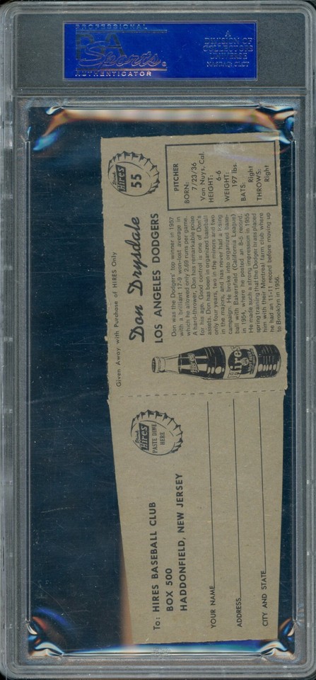 1958 Hires Root Beer With Tab #55 Don Drysdale Los Angeles Dodgers HOF ...
