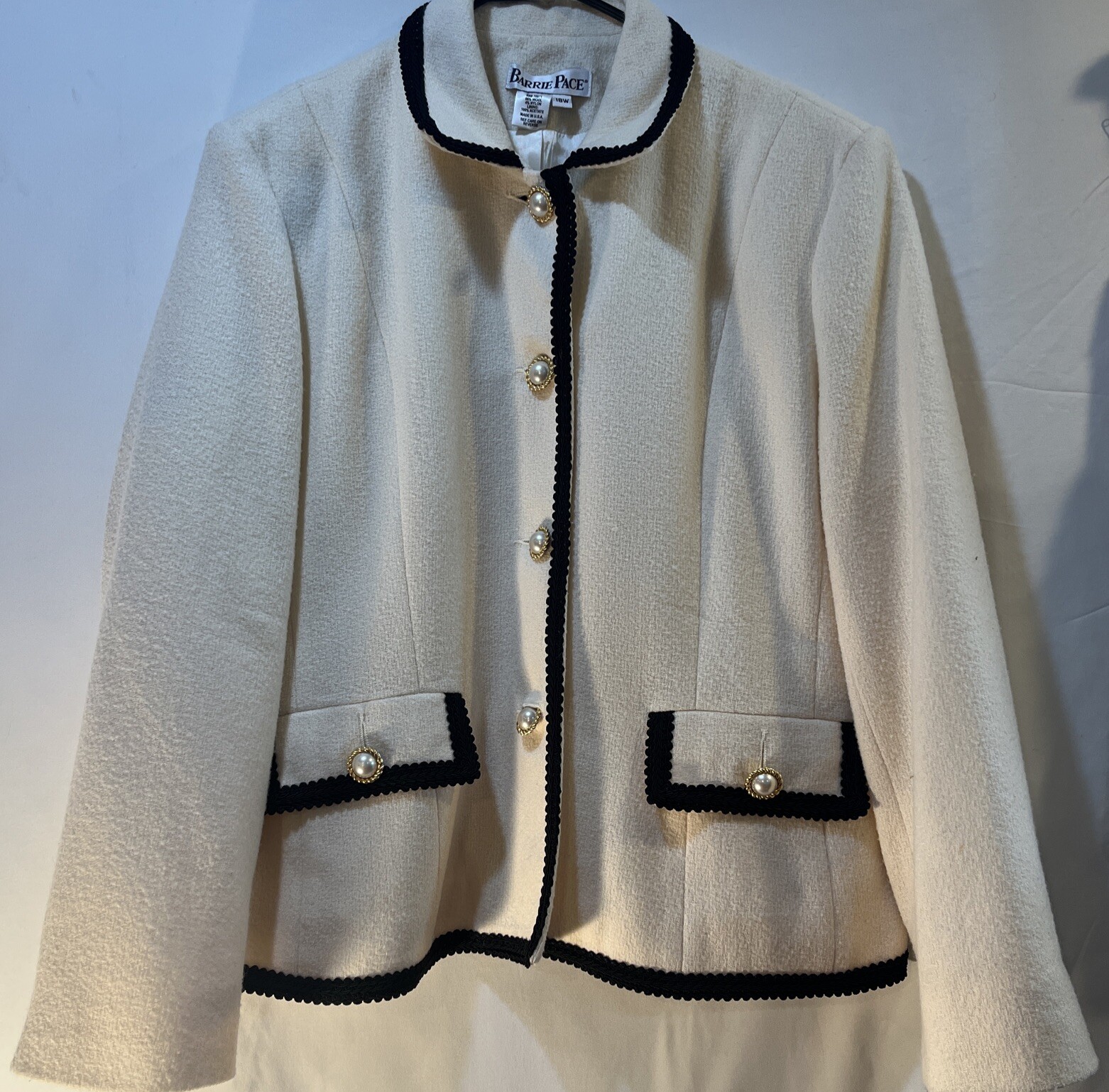 VTG BARRIE PACE Preppy Faux Pearl Button Wool Contrast Trim Plus Size ...