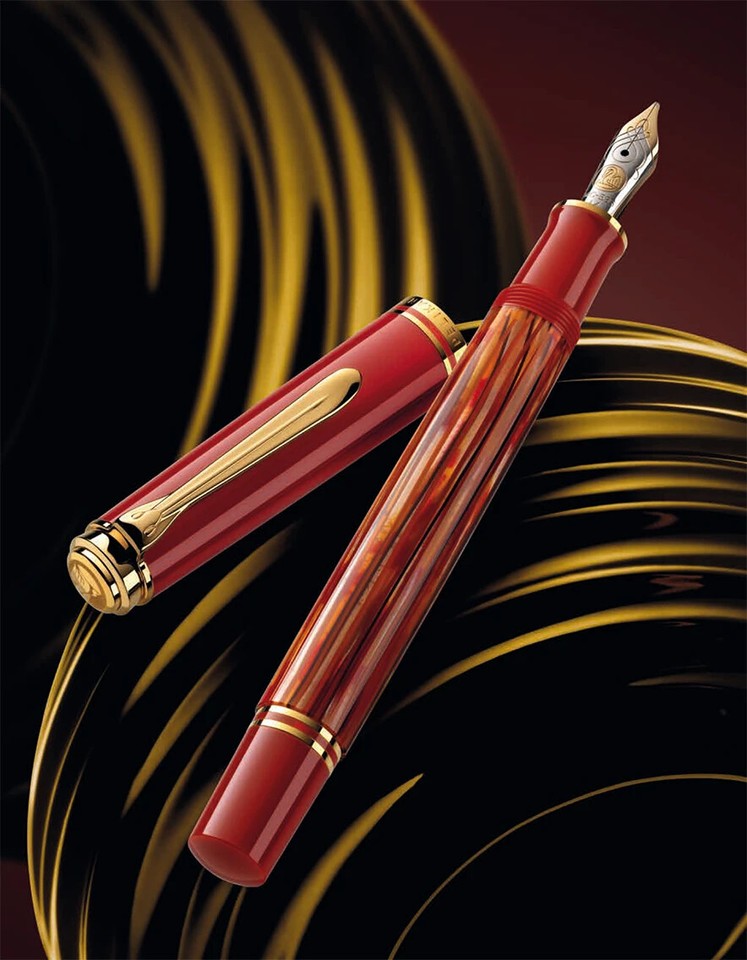 Pelikan piston fountain pen Souverän® M600 Tortoiseshell-Red nib M | eBay