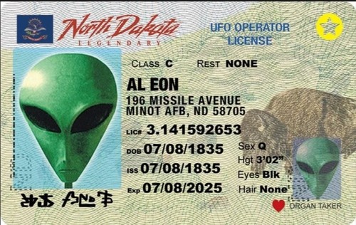 Alien A. Leon UFO Operator's License ID North Dakota Made On Metal | eBay