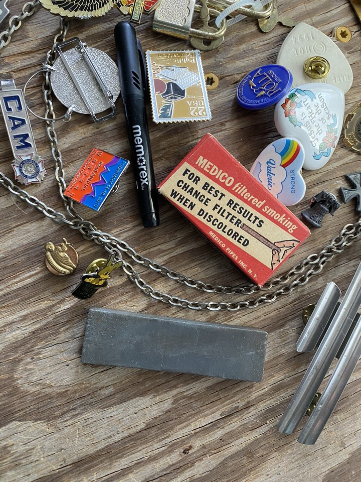 Vintage JUNK DRAWER Lot Pins Military Watch Buttons Matches Harley ...