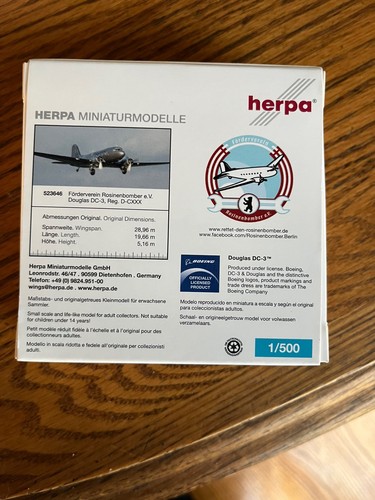 Herpa Rosinenbomber Douglass DC-3 1/500, 523646,Reg D-CXXX | eBay