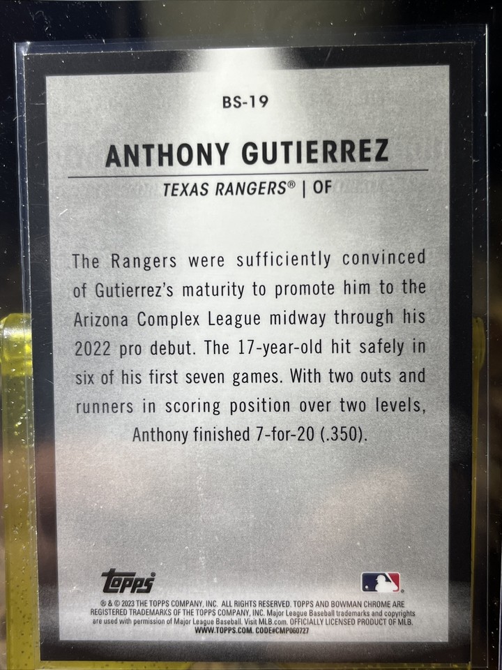 2023 Bowman Chrome Baseball Spotlights Anthony Gutierrez #BS-19 Texas ...