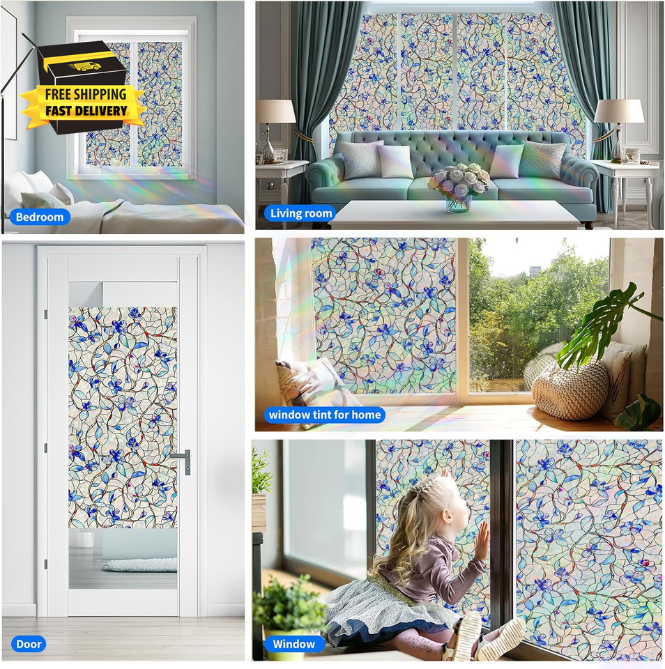 Window Privacy Film Stained Glass Decorative Static Clings Rainbow ...