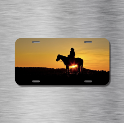 Cowboy Sunset Sun Horse Western Beef Rancher License Plate Front Auto ...
