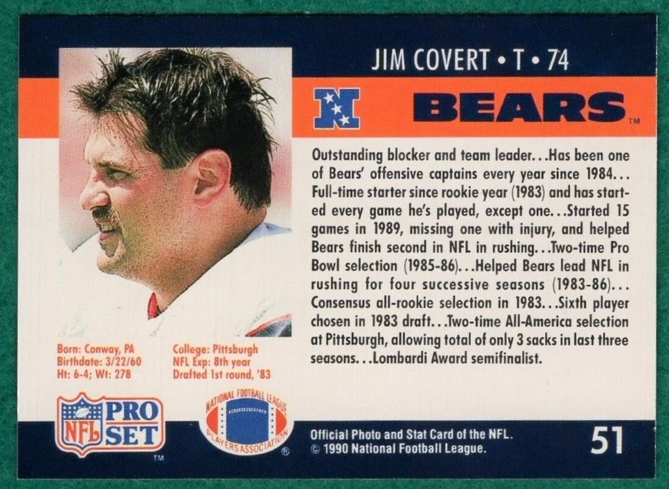Jim Covert - 1990 NFL Pro Set #51 - Chicago Bears Football Card | eBay