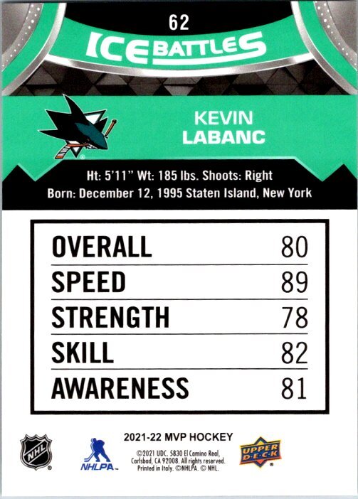 2021-22 Upper Deck MVP #62 Kevin Labanc Ice Battles | eBay