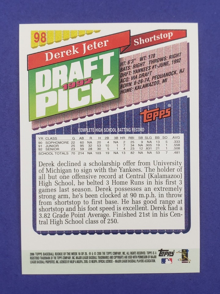 1992 Topps Draft Pick " Rookie of the Week" Derek Jeter, New York ...