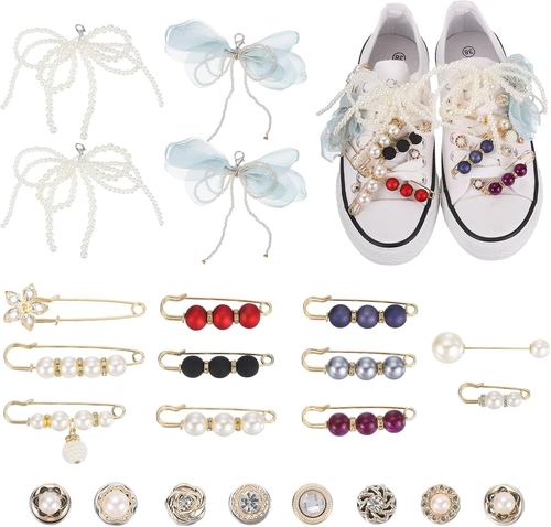 Shoe Charm for Sneakers, Pearl Bow and Tulle Raw-Edge Fringe Bow Clips ...