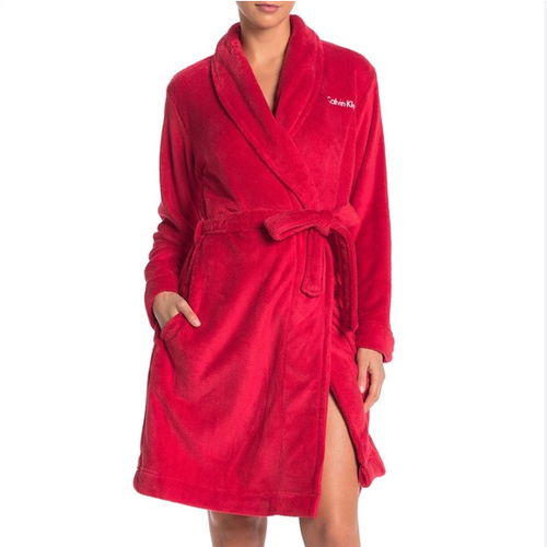 CALVIN KLEIN Women`s Plush Bath Robe CK Logo Plush Robe Red Pink size ...