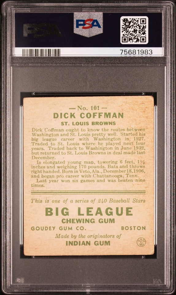 1933 GOUDEY RICHARD COFFMAN 101 GOOD RC PSA 2 BASEBALL ST. LOUIS BROWNS ...