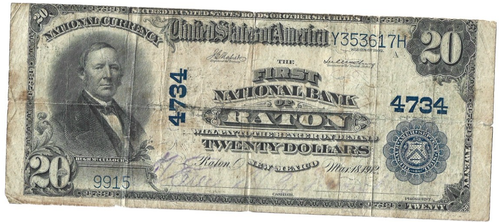 1902 Plain back $20 Note First National Bank Raton New Mexico Charter ...