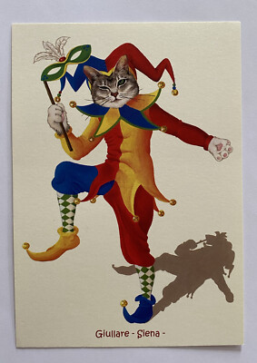 Cat Kitten Art Print Postcard Jester Medieval Renaissance Red Blue Gold ...