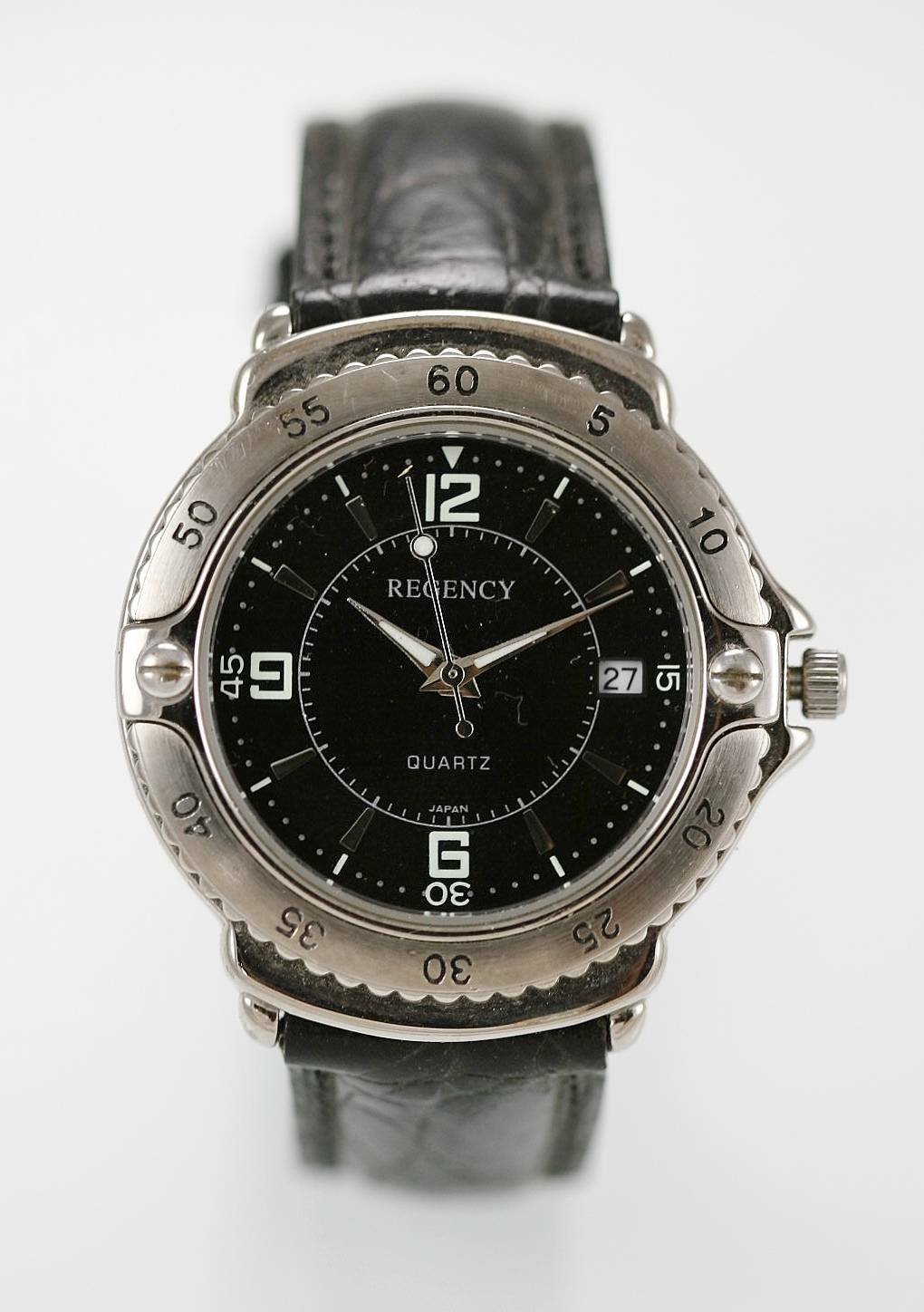 Regency Watch Men Date Silver Stainless Leather Black Water Resistant ...