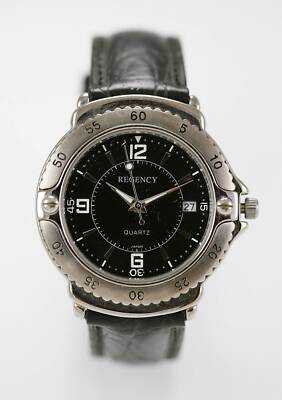 Regency Watch Men Date Silver Stainless Leather Black Water Resistant ...