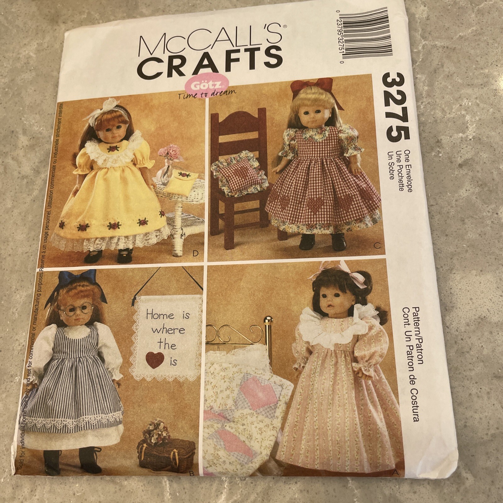 M 3275 sewing pattern 18" DOLL CLOTHES sew Dress Nighty Quilt Pillow ...