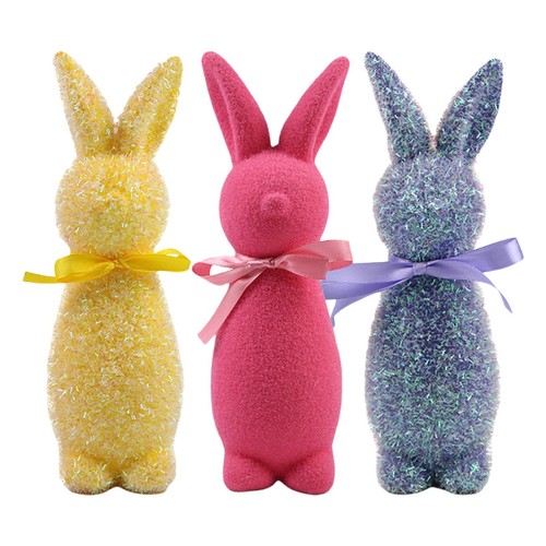 Easter Bunnies Figurine With Bow Tie Flocking Rabbit Spring Home Table ...