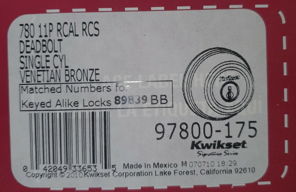 Kwikset 97800-175 780 11P Single Cylinder Venetian Bronze Deadbolt | eBay