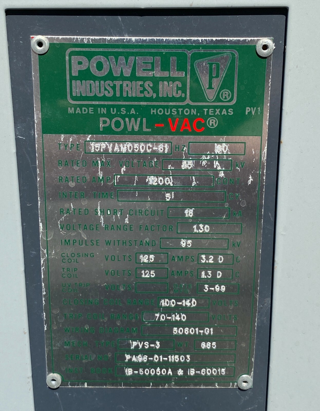 07 POWELL EATON 1200A 15PVAM050C-81 15kV POWLVAC VACUUM CIRCUIT BREAKER ...