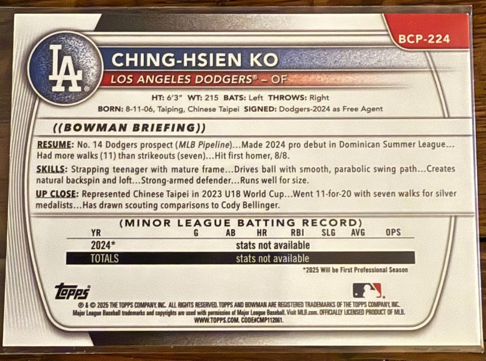 2025 Bowman Chrome CHING-HSIEN KO 1st BLUE GEOMETRIC Refractor 65/150 DODGERS | eBay