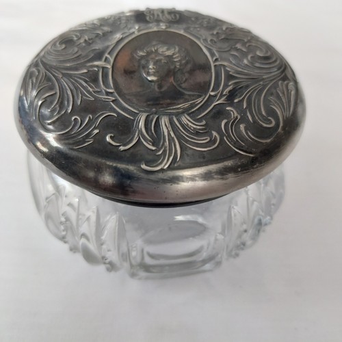 Antique Glass Dresser Jar Sterling top Cut Crystal Engraved “RC” fancy ...