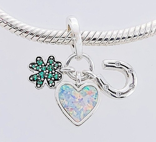 New 100% PANDORA 925 Green Clover, Heart and Horseshoe Triple Charm ...
