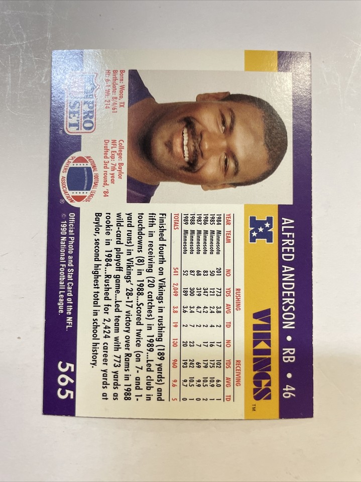 1990 NFL Pro Set Alfred Anderson Autographed Card #565 Minnesota ...