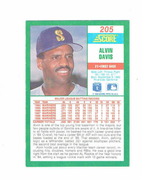 Alvin Davis #21 Mariners 1B #205 Score 1990 Baseball Card | eBay