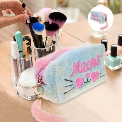 Pink Fluffy Makeup Bag Cute Plush Cosmetic Storage Pouch Soft Puffy ...
