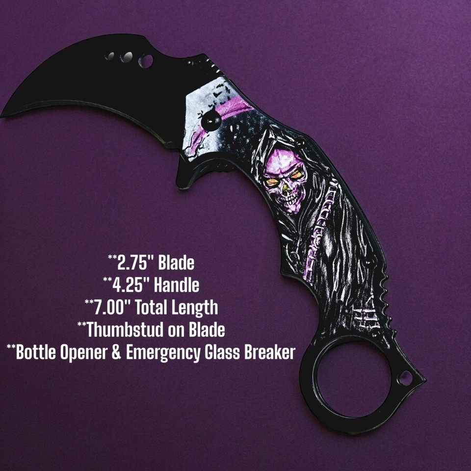 7” Skull Grim Reaper Tactical Claw Karambit Purple Assisted Folding ...