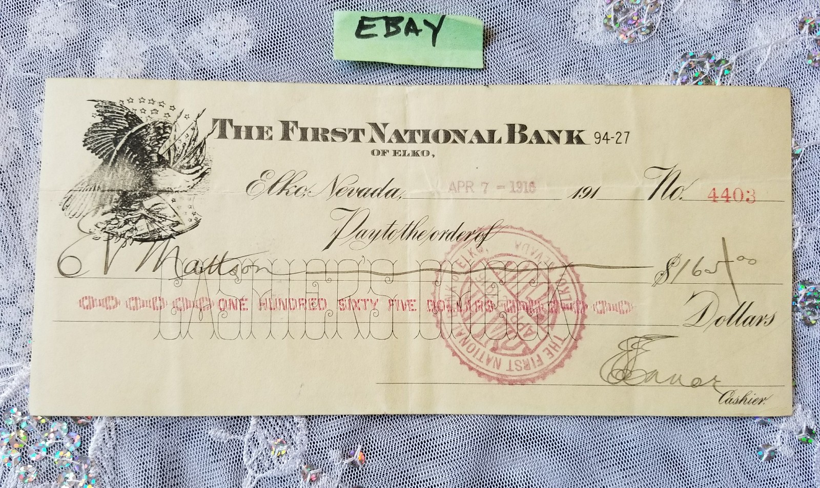 Elko Nevada 1916 First National Bank Cashiers Check | eBay