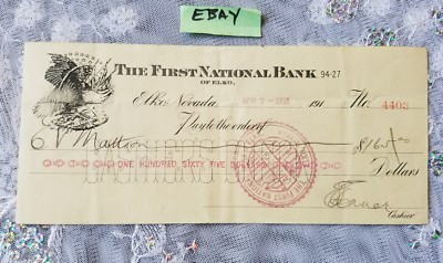 Elko Nevada 1916 First National Bank Cashiers Check | eBay