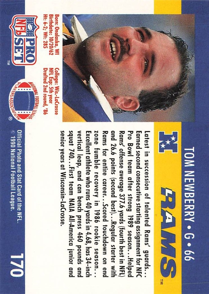 1990 Pro Set #170 Tom Newberry Los Angeles Rams | eBay