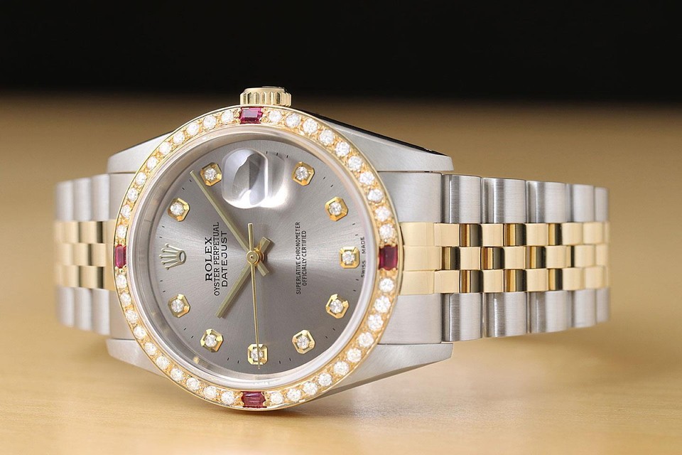 ROLEX MENS DATEJUST 16233 GRAY DIAL 18K GOLD STEEL TWO TONE DIAMOND ...