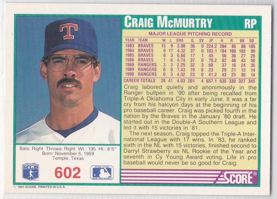 M) 1991 Score Baseball Trading Card - Craig McMurtry #602 | eBay