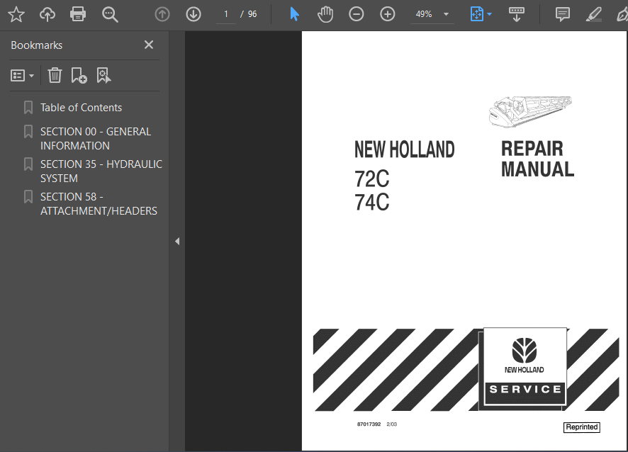 NEW HOLLAND 72C COMBINE HEADER SERVICE REPAIR MANUAL PDF USB | eBay