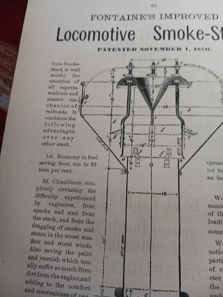 1872 print ad FONTAINE'S IMPROVED LOCOMOTIVE SMOKE STACK diagram Fort ...